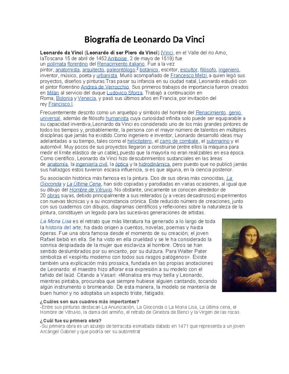 Biografía de Leonardo Da Vinci - Biografía de Leonardo Da Vinci ...