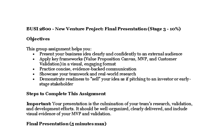 BUSI 2800 New Venture Project: Final Presentation Guidelines - Studocu