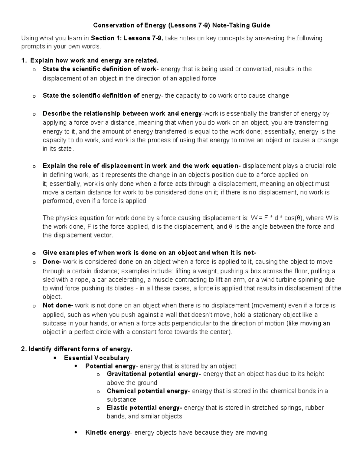 Conservation of Energy Lessons 7-9 Complete Note-Taking Guide - Studocu