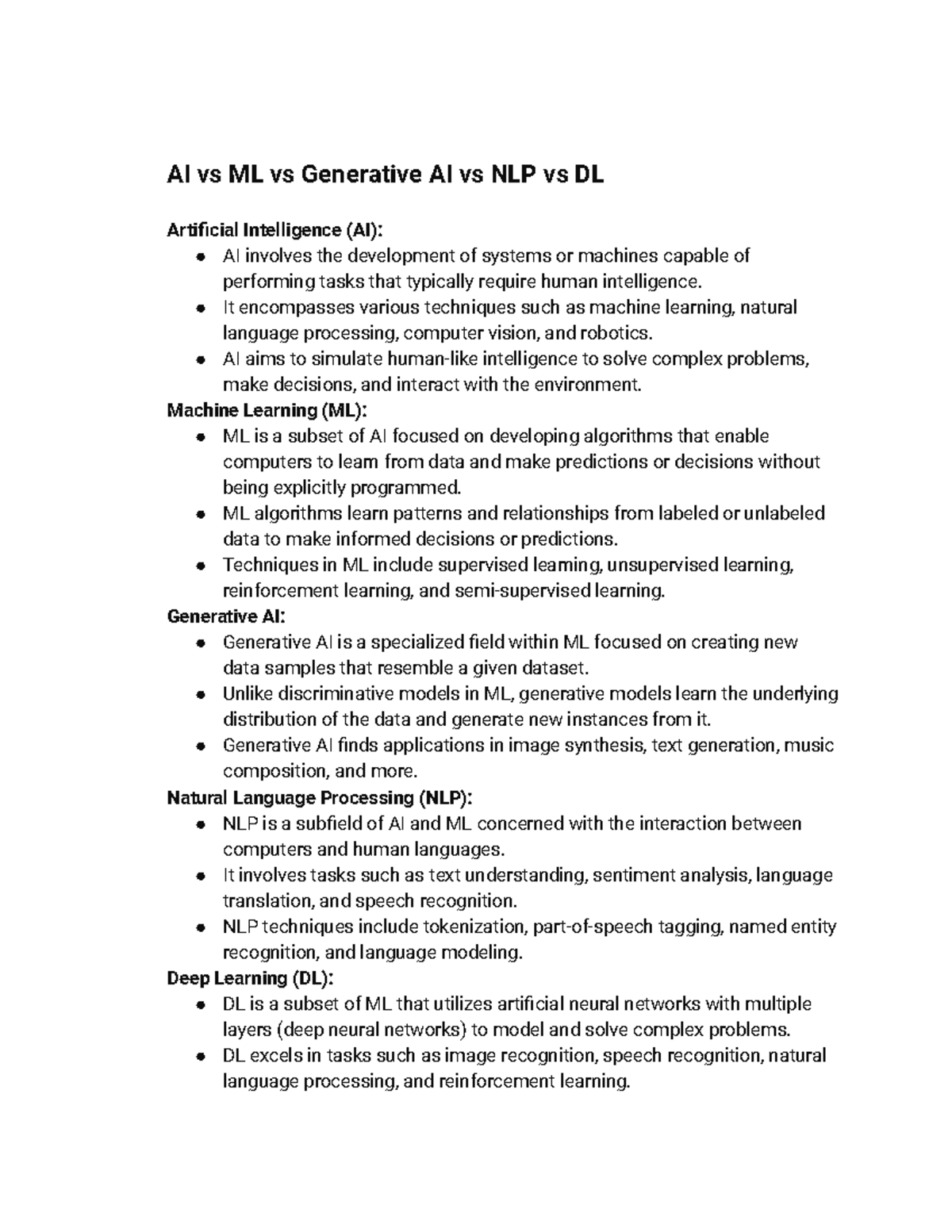 AI, ML, Generative AI, NLP, and DL Overview - SF JB S - Studocu