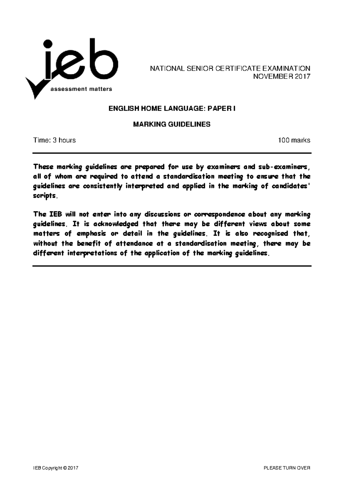 English Home Language Paper 1: Memo & Marking Guidelines (Nov 2017 ...