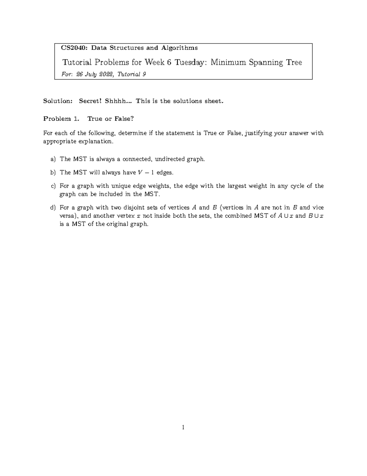 CS2040 Tutorial 9 Ans - klnln - CS2040: Data Structures and Algorithms Tutorial Problems for ...
