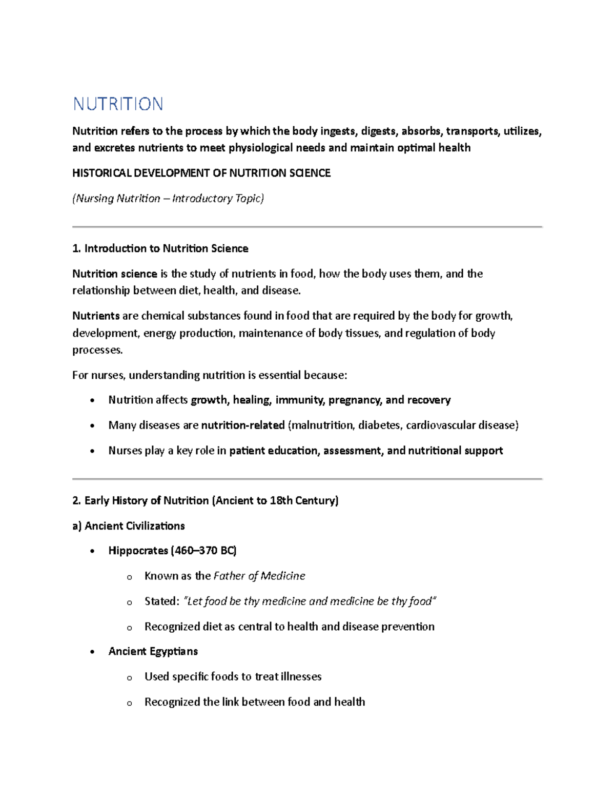 NUTRITION NUR 101: Lecture 1 & 2 Summary on Nutritional Science - Studocu