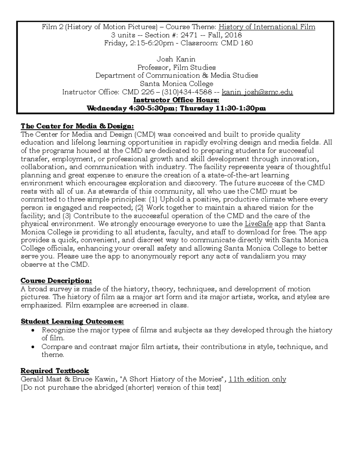 Film 2 (History of Motion Pictures) Fall 2018 Syllabus Overview - Studocu