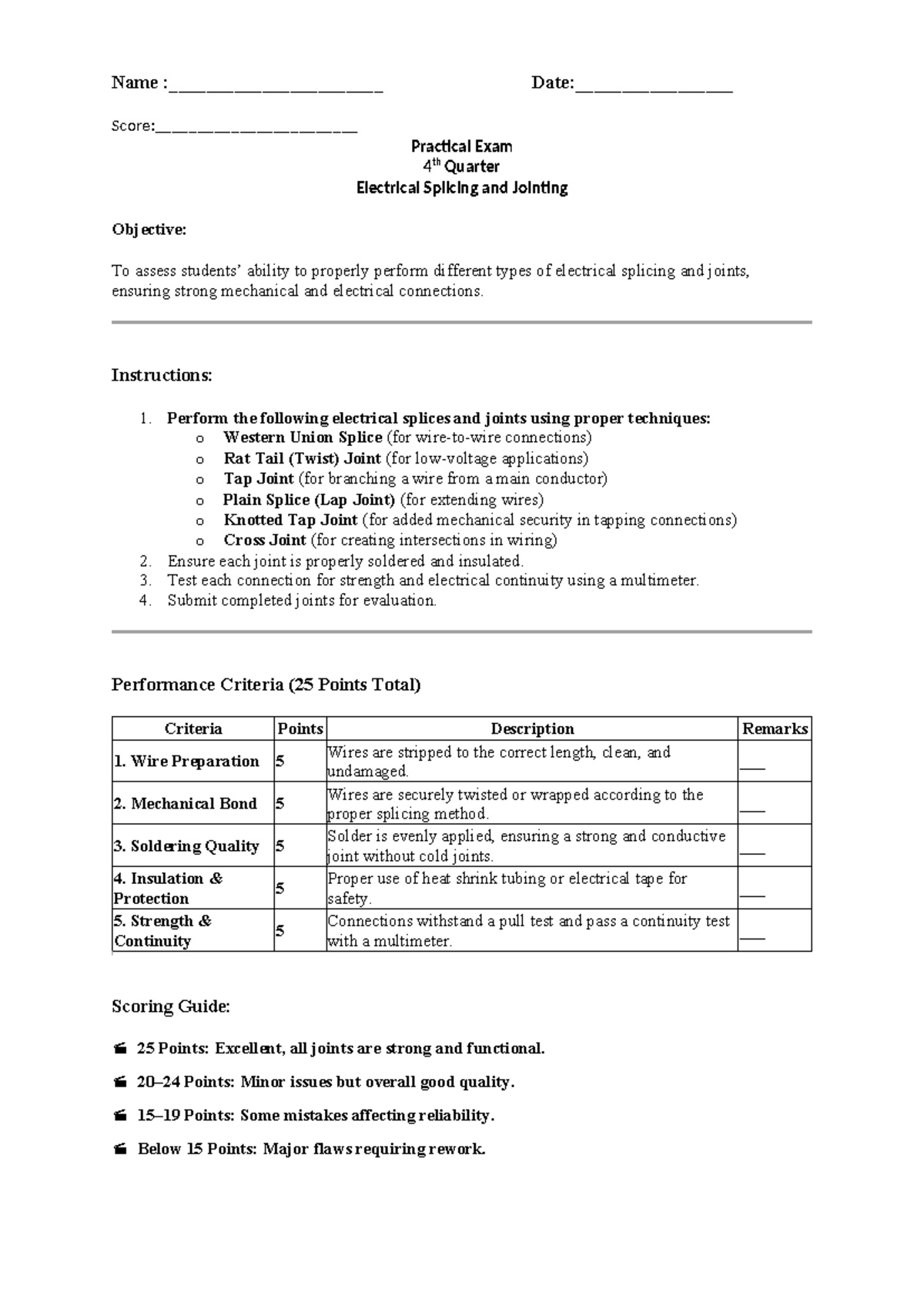 Practical Exam: Electrical Splicing & Jointing (4th Qtr) - Studocu