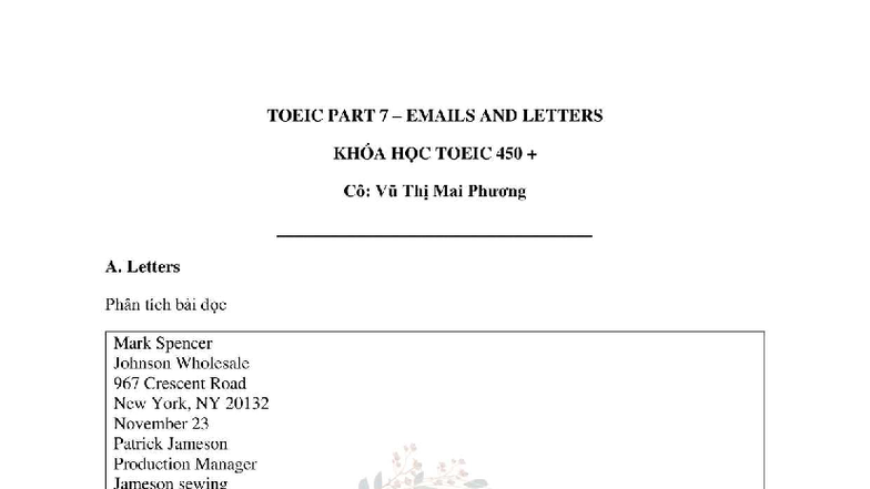 TOEIC PART 7: EMAILS AND LETTERS - KHÓA HQC TOEIC 450 - Studocu