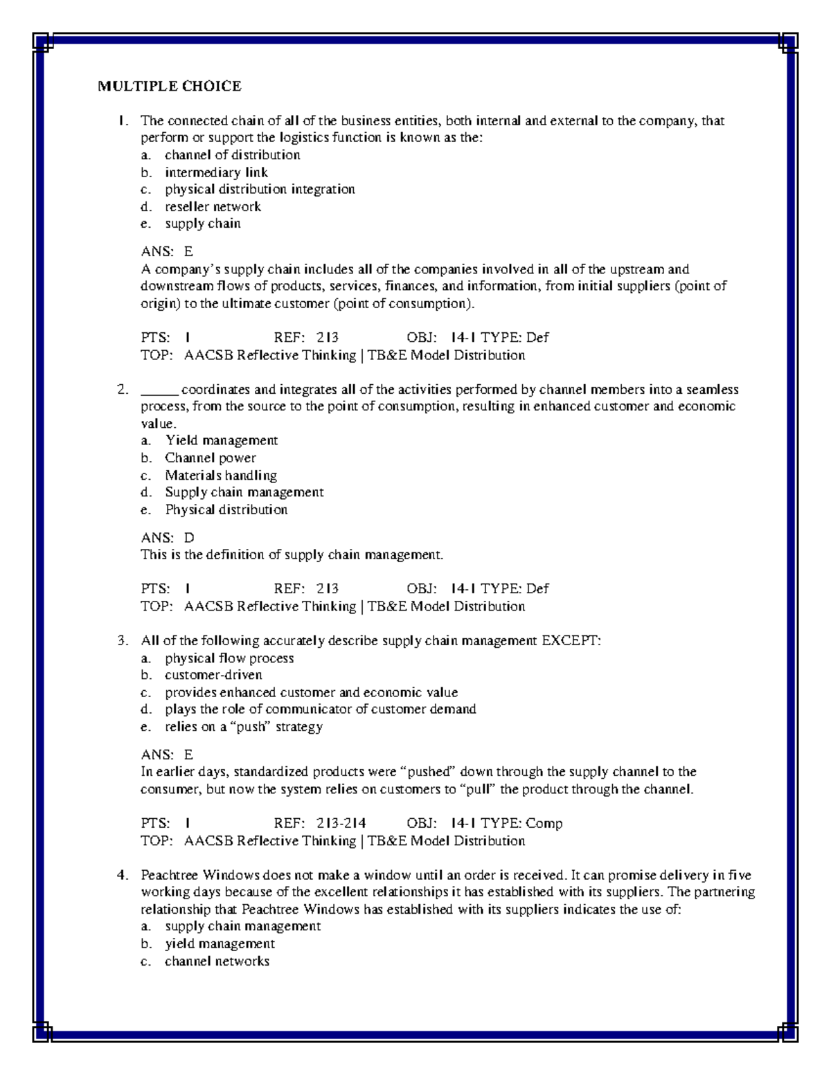 Chapter 14: Supply Chain Management - Multiple Choice Questions (MCQ) - Studocu