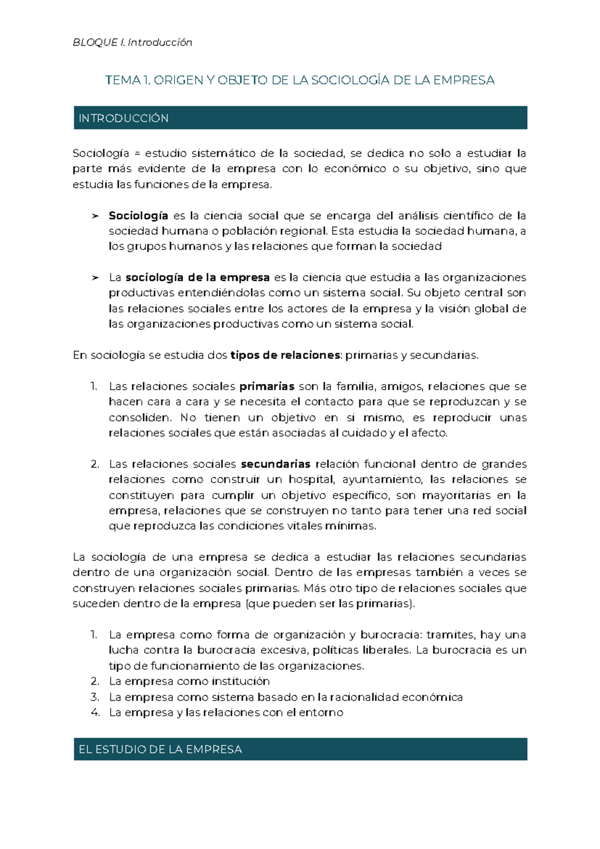 BLOQUE I: Introducción a la Sociología de la Empresa - Studocu