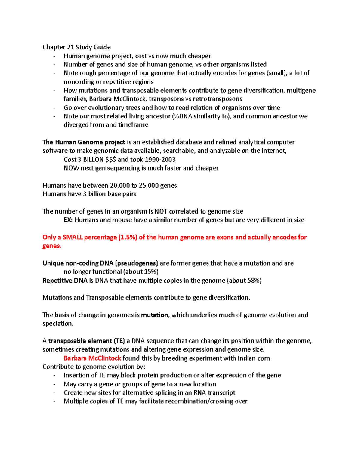 Chapter 21 Study Guide - Chapter 21 Study Guide - Human genome project ...