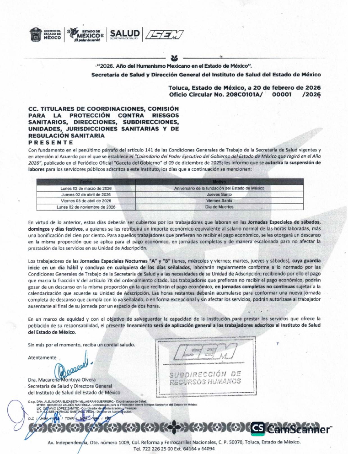 OFICIO CIRCULAR: DÍAS AUTORIZADOS 2026 - ISEM SALUD - Studocu