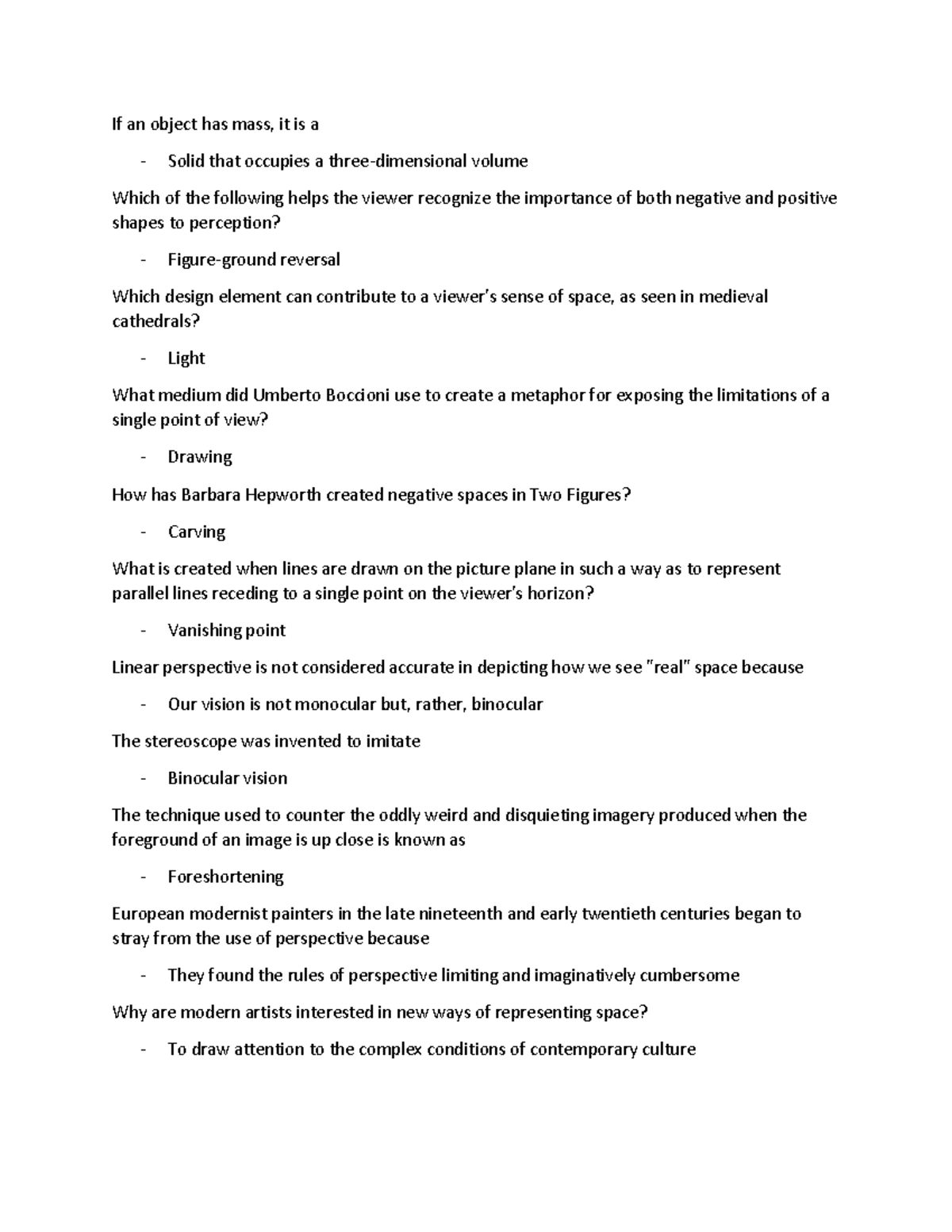 ART 1309 CH 4 - Art Appreciation homework help. - If an object has mass ...