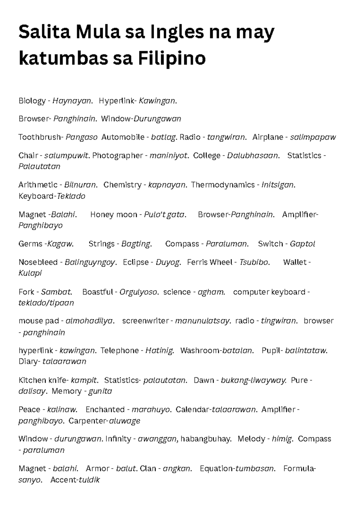 Salita Mula sa Ingles na Katumbas sa Filipino (BIOL 101) - Studocu