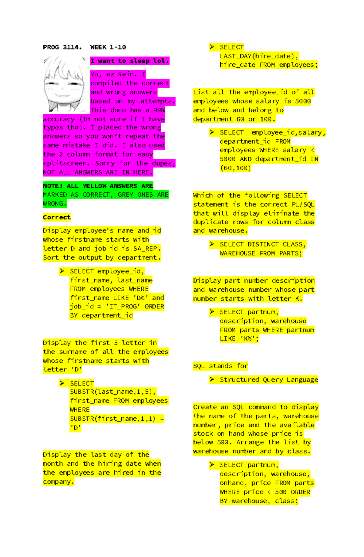 PROG 3114 Week 1-10 SQL Answers and Corrections Guide - Studocu