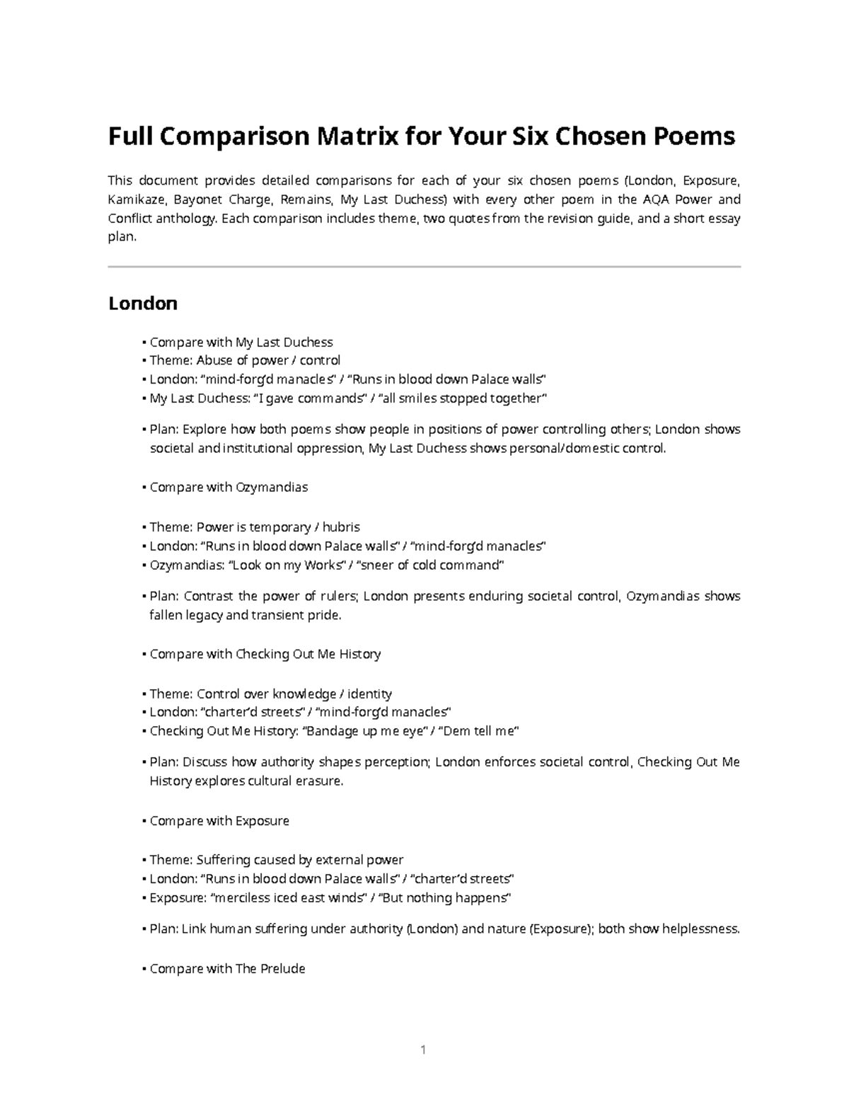 Power & Conflict Poem Comparison Matrix: AQA Anthology Analysis - Studocu