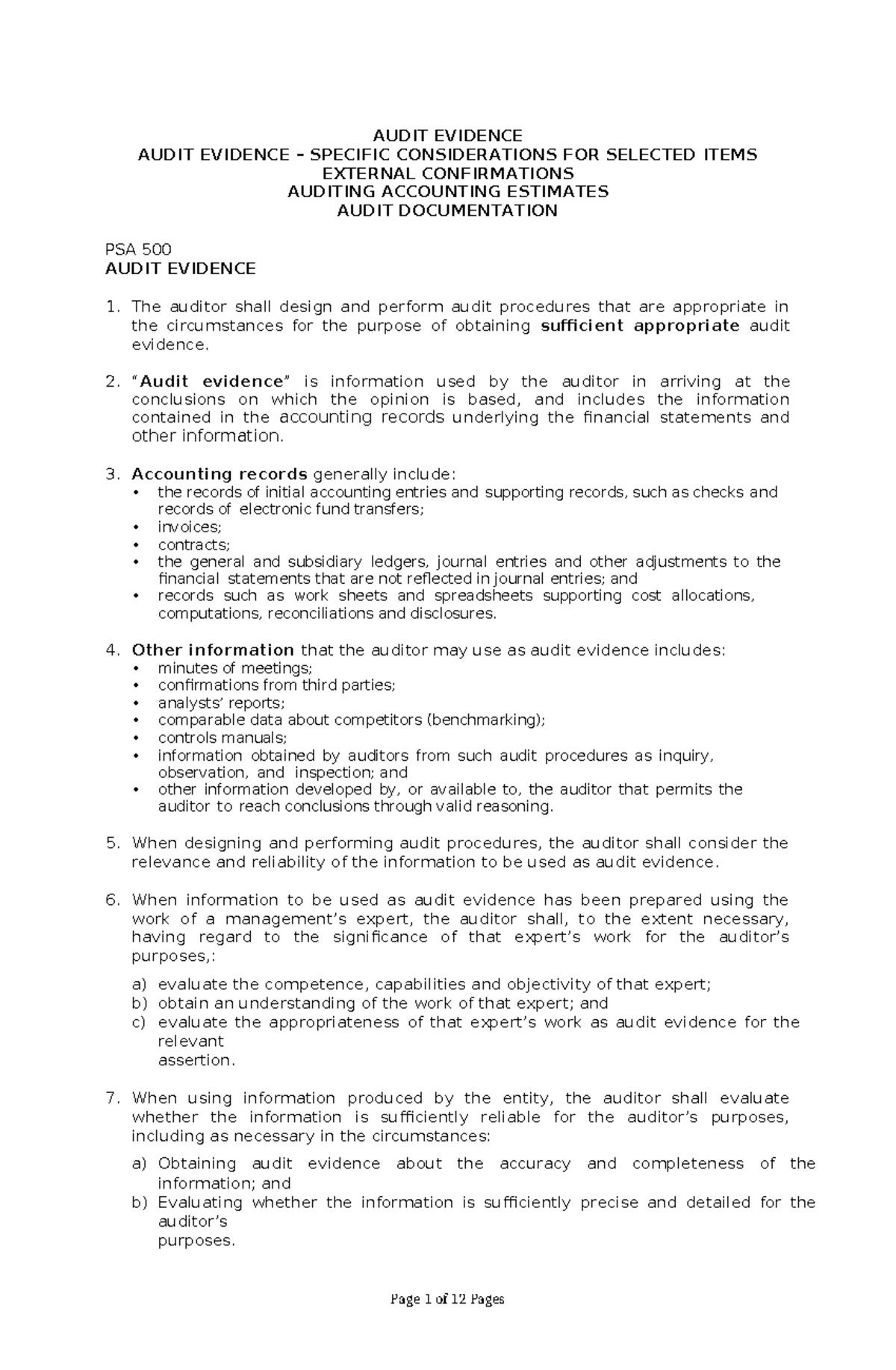 AUDIT EVIDENCE: ASSERTIONS & PROCEDURES (PSA 500, 540, 230) - Studocu