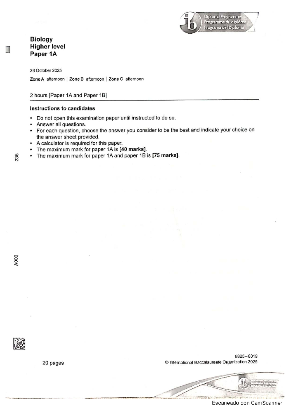Biology HL Paper 1A Exam Review - October 2025 - Studocu