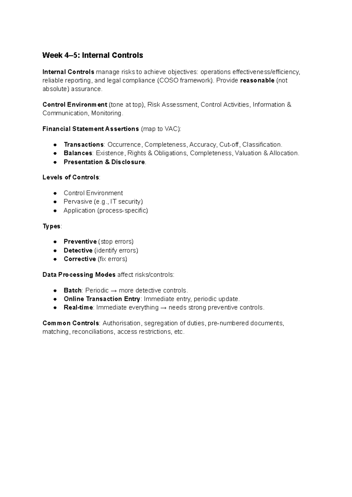 Week 4-5 Internal Controls: Managing Risks & Financial Assertions - Studocu