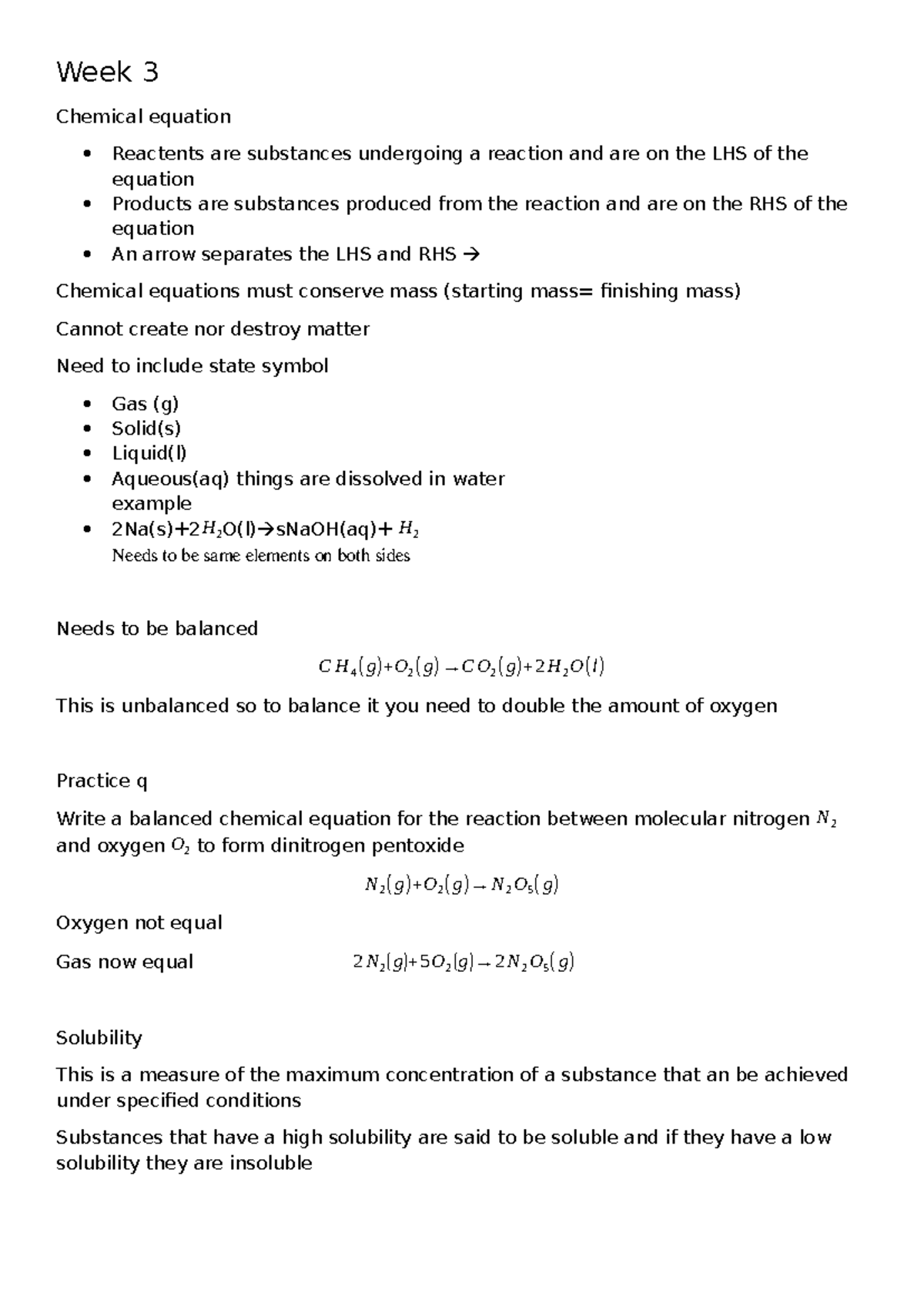 Week 3 Chemistry: Balancing Chemical Equations & Solubility - Studocu