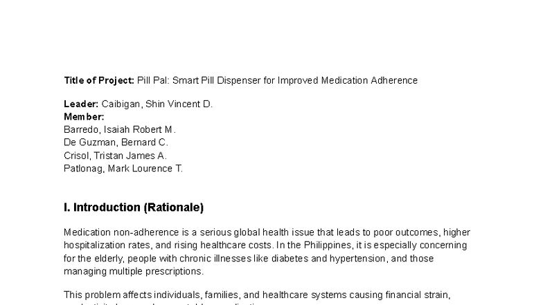 BSIS103 STS Project: Pill Pal Smart Pill Dispenser Overview - Studocu