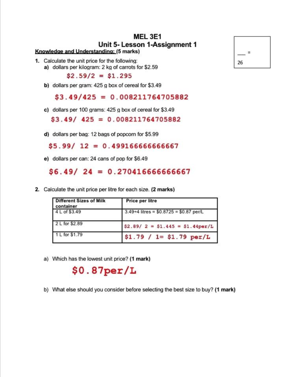 Math Assignment MEL 3E1 - MEL 3E Unit 5- Lesson I-Assignment 1 marks ...