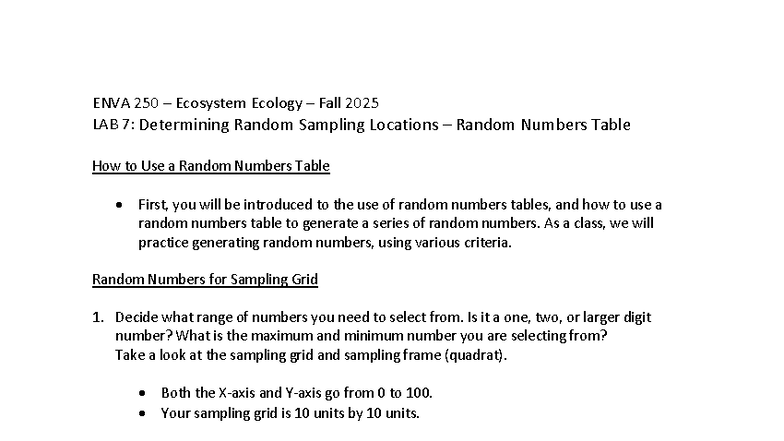 ENVA 250 – Final Lab 7: Random Sampling Methods & Data Collection - Studocu