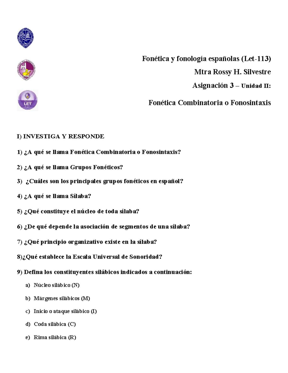 Asignación 3: Fonética Combinatoria y Grupos Fonéticos en Español - LET ...