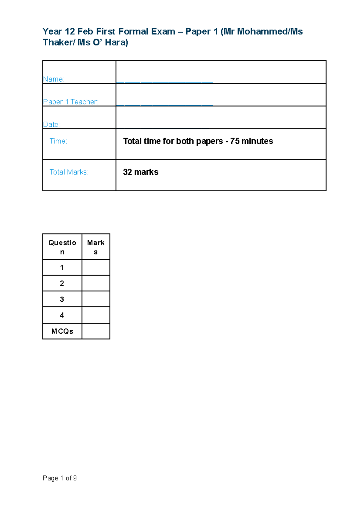 Yr 12 Feb First Formal Exam Paper 1 (Mr Ms Hara) - Studocu