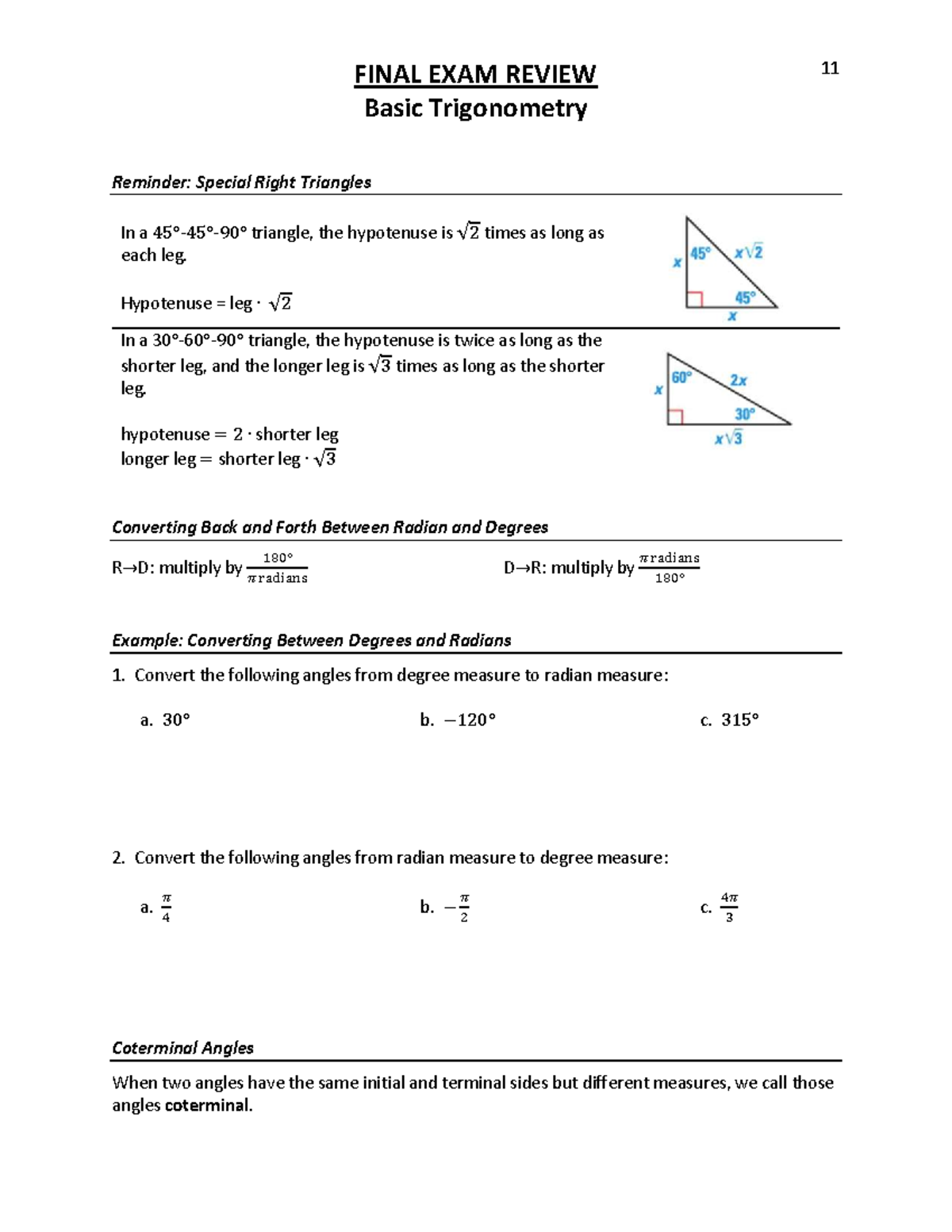 MATH 11 FINAL EXAM REVIEW: Special Right Triangles & Trig Functions ...