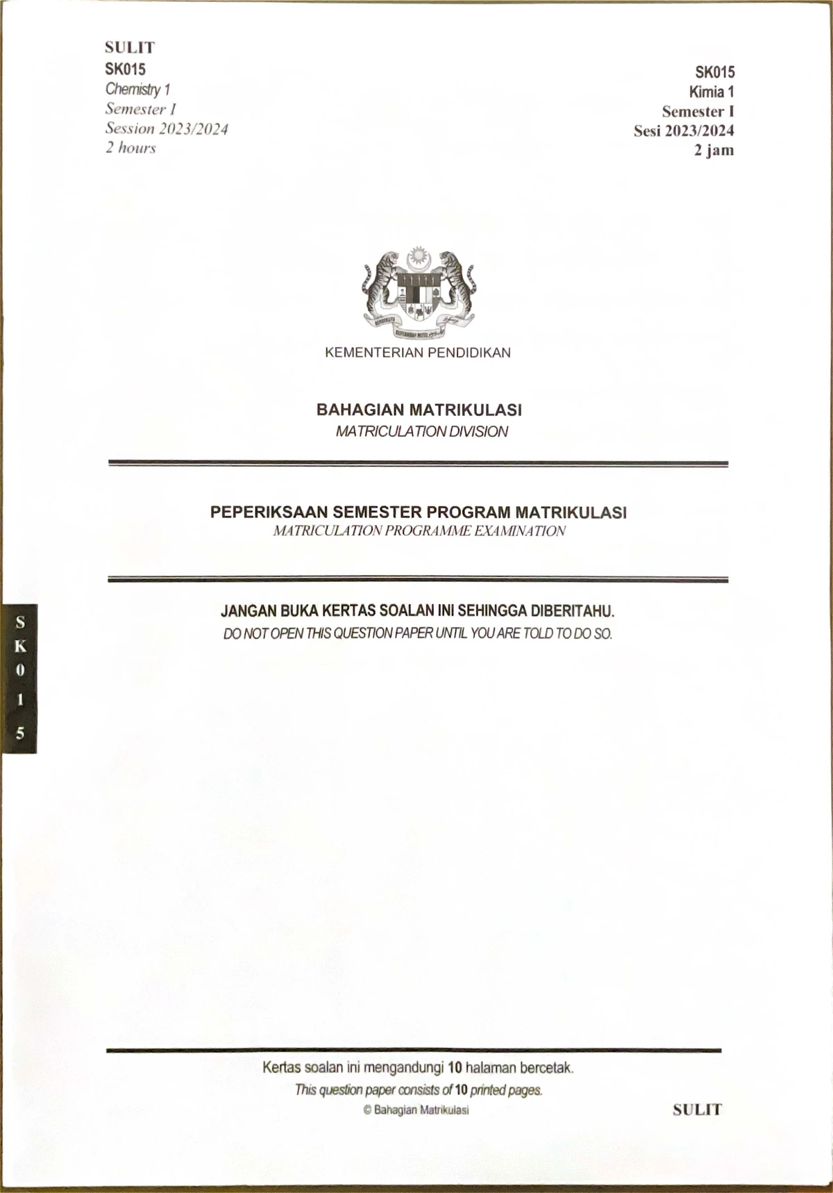 Chemistry 2 SK025 Final Exam Questions - Semester II 2023/2024 - Studocu