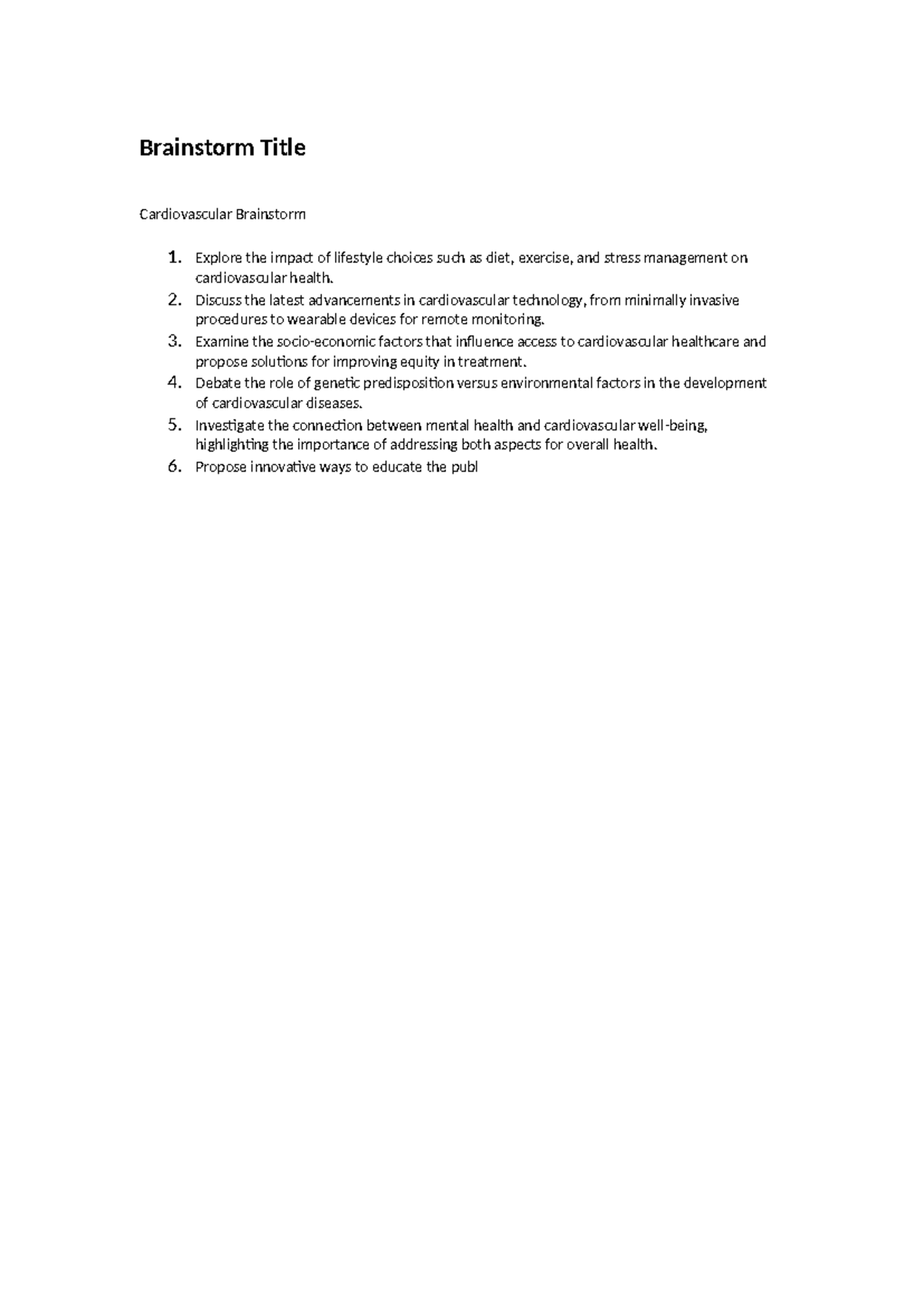 Cardio - brainstorm - Brainstorm Title Cardiovascular Brainstorm 1 ...