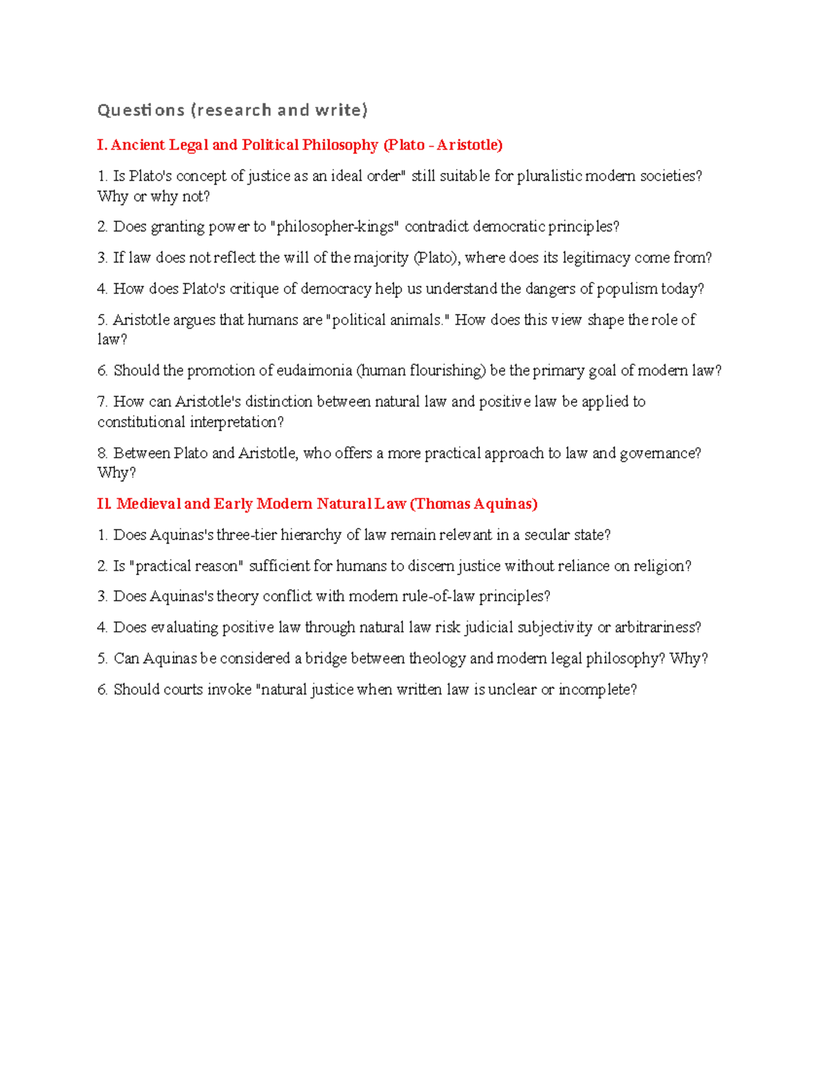 Research Questions on Ancient & Medieval Legal Philosophy - Studocu