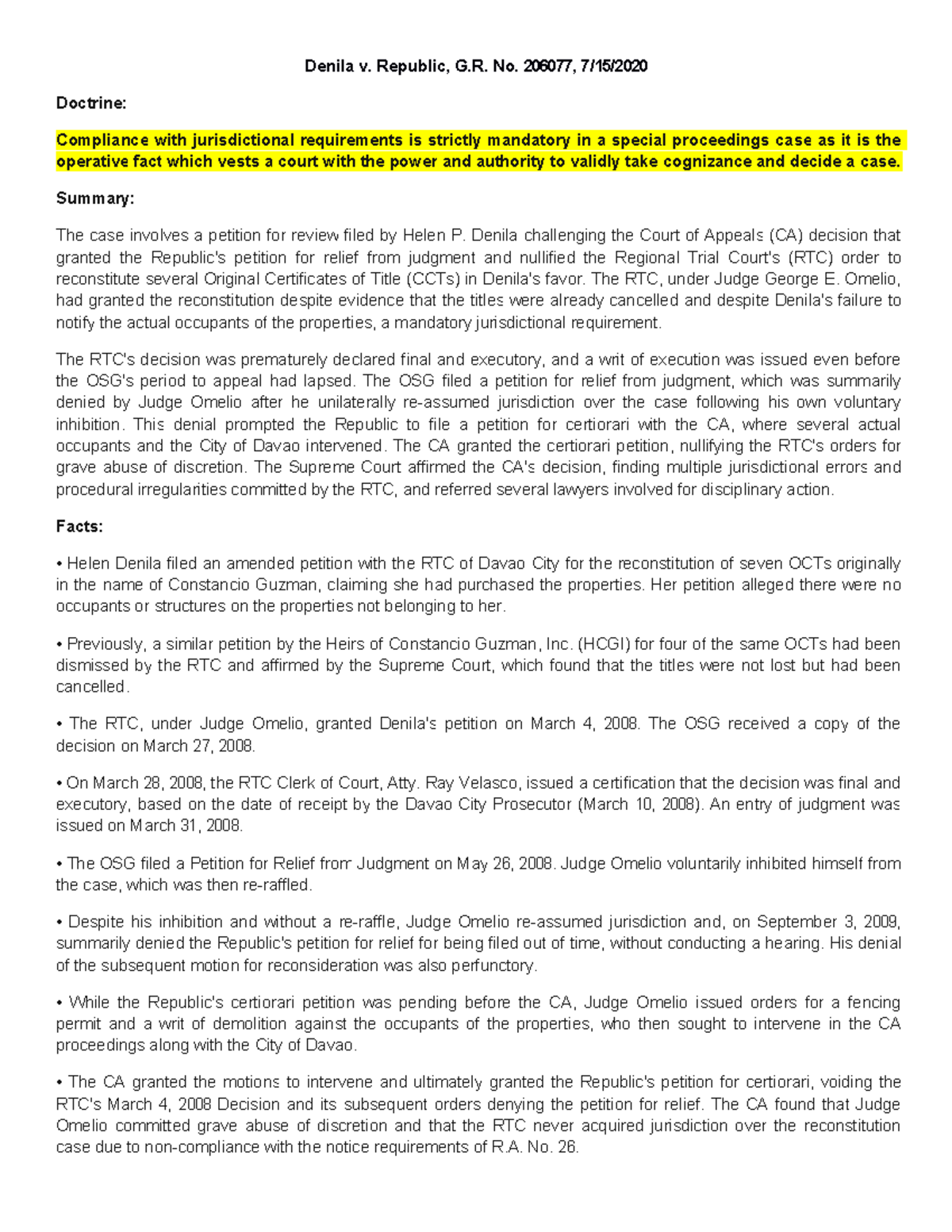 Case Study: Jurisdictional Requirements in Special Proceedings (Law 101 ...