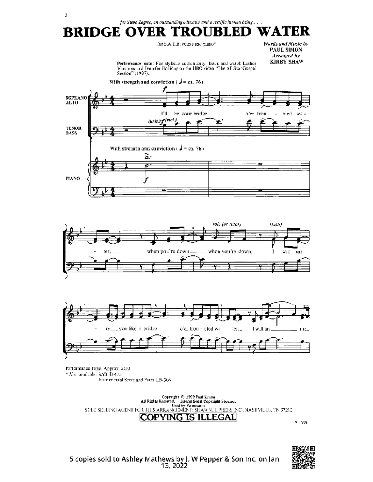 Bridge Over Troubled Water Eprint - Choral Arrangement - Studocu