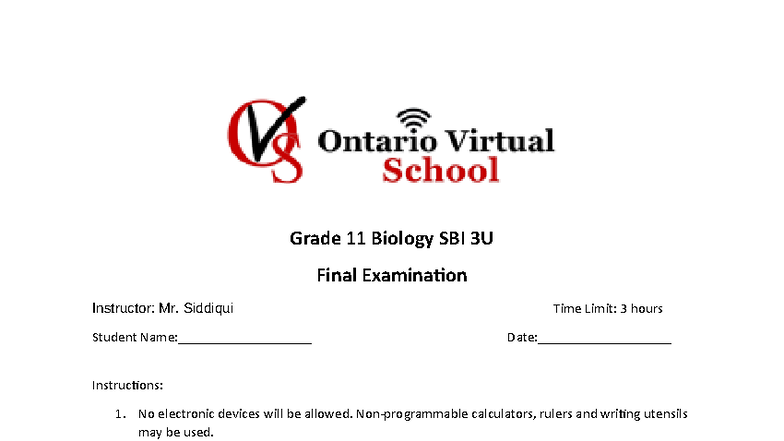 Grade 11 Biology SBI 3U Final Exam - Instructor Mr. Siddiqui - Studocu