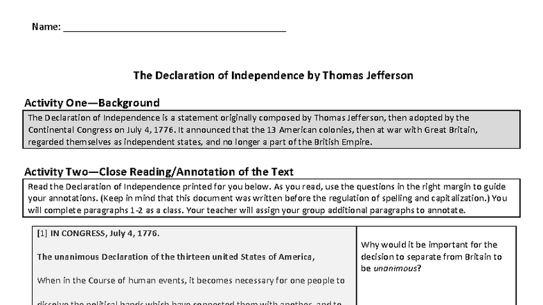 Declaration of Independence Reading & Annotation Activity - Studocu