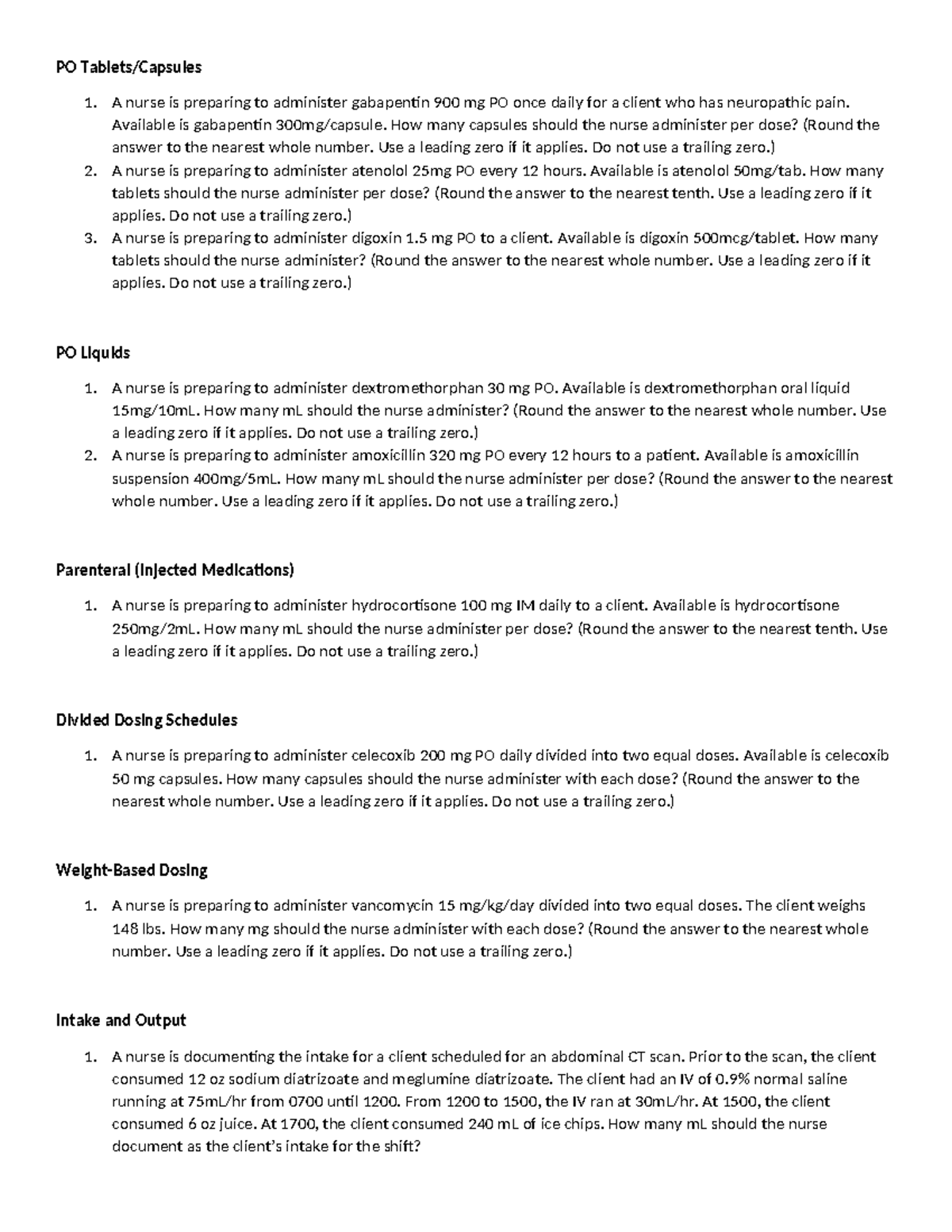 PO Med Admin Practice - Week 4: Dosage Calculations & Intake - Studocu