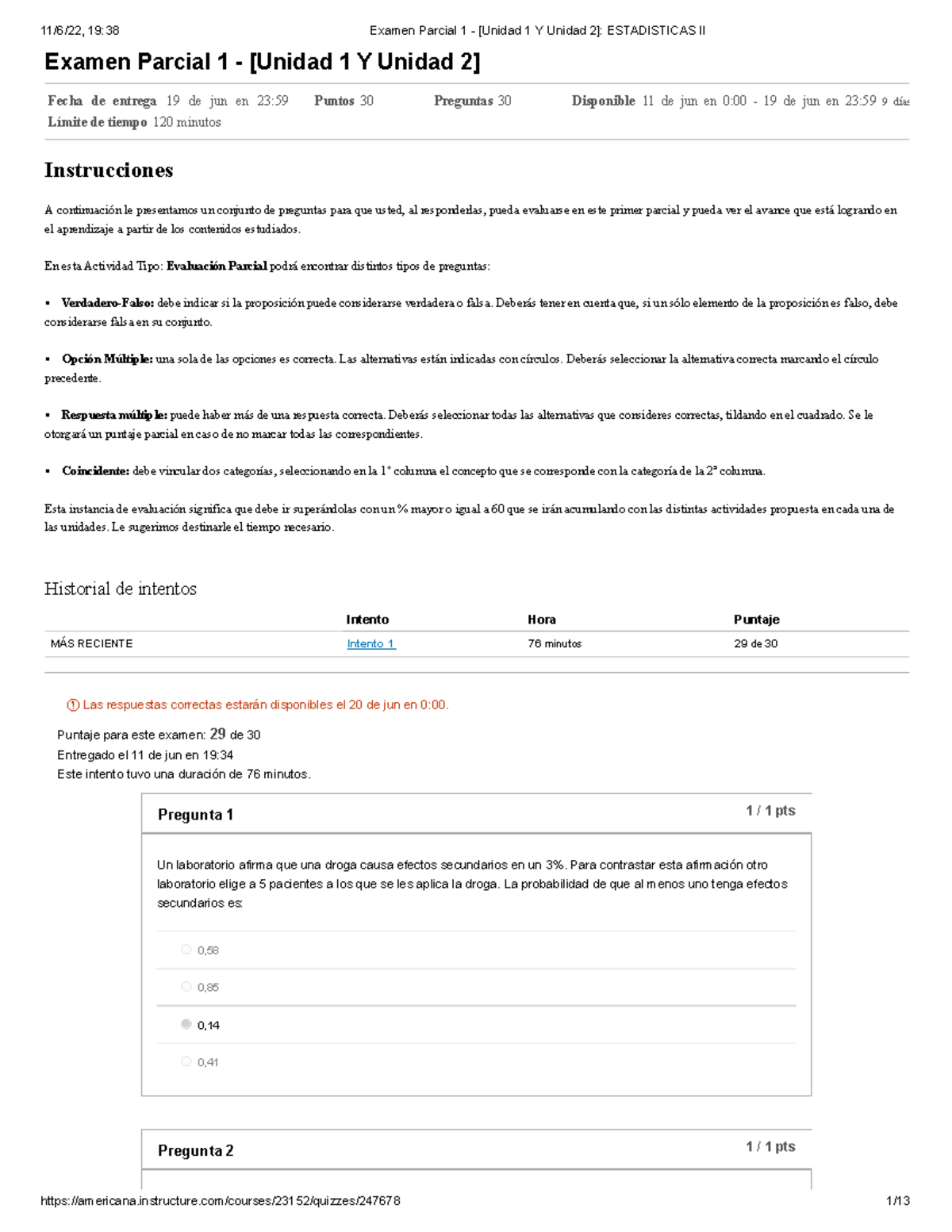 Examen Parcial 1 - Estadísticas II: Unidad 1 y 2 - Preguntas y Respuestas - Studocu