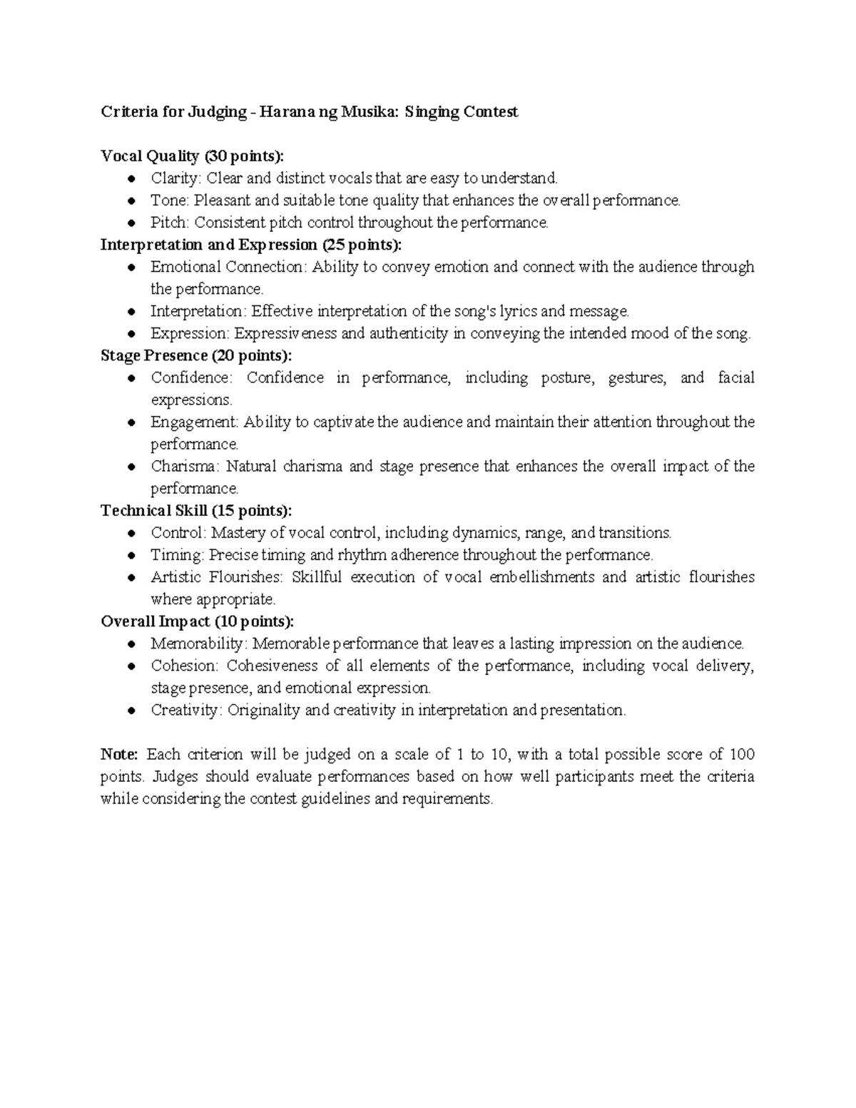 Judging Criteria for Harana ng Musika Singing Contest - Studocu