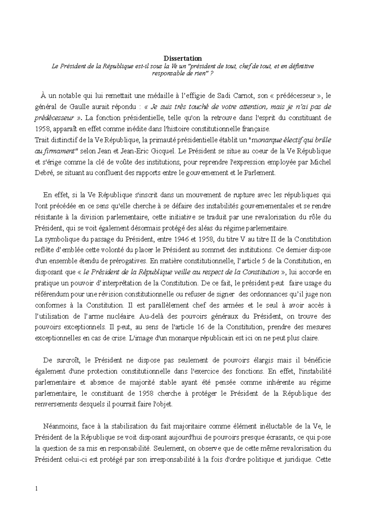 Dissertation TD Droit Constitutionnel : Le Président sous la Ve ...