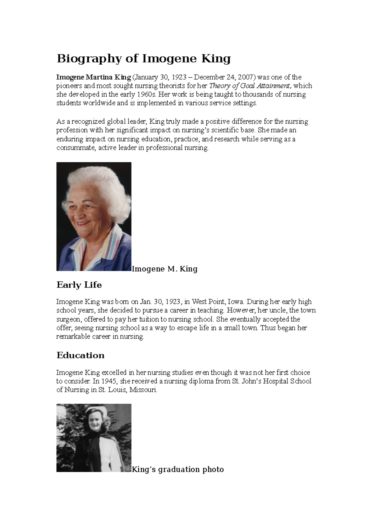 Biography of Imogene M. King: Pioneering Nursing Theorist - Studocu