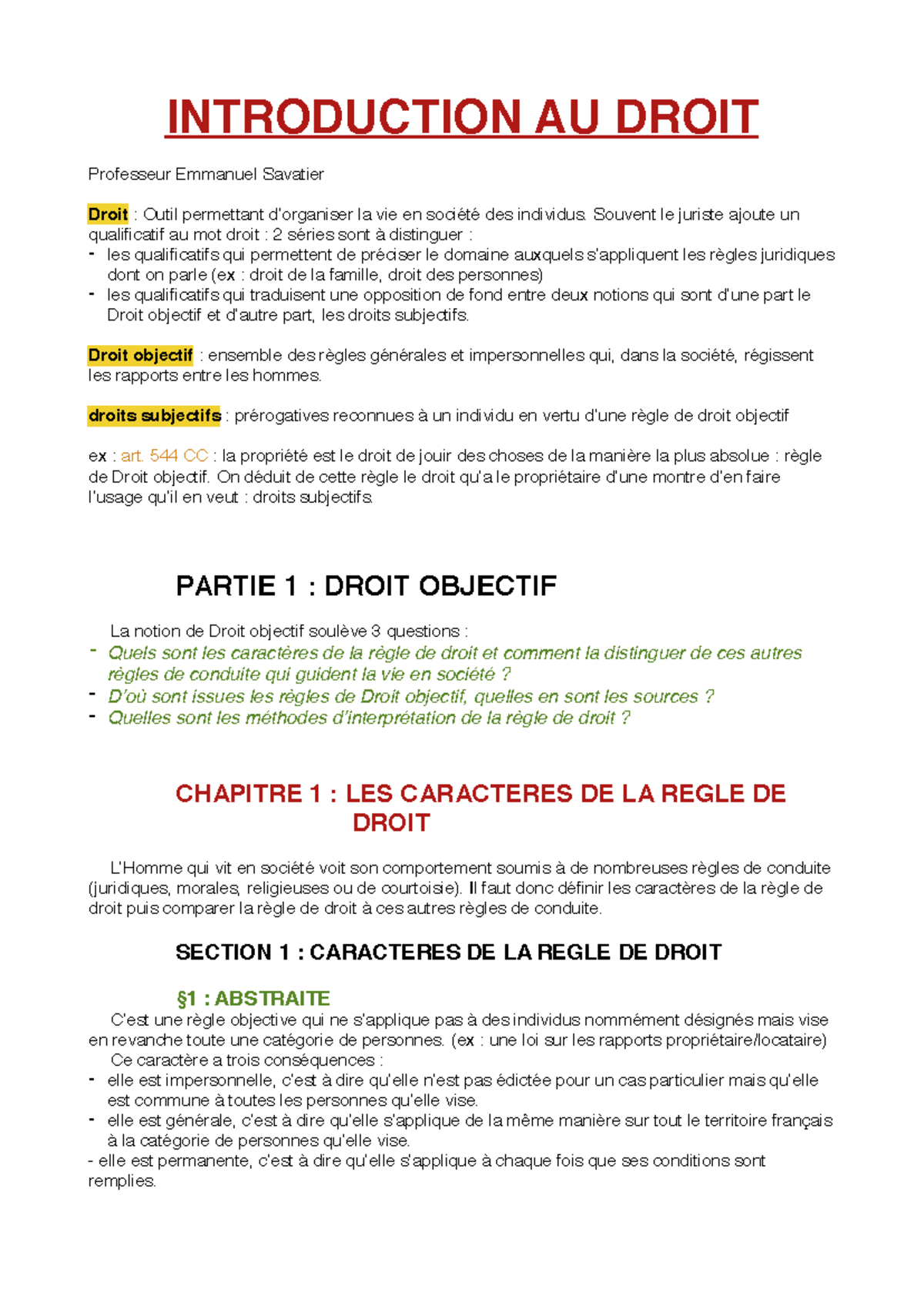 Introduction au Droit cours complet - INTRODUCTION AU DROIT Professeur Emmanuel Savatier Droit ...