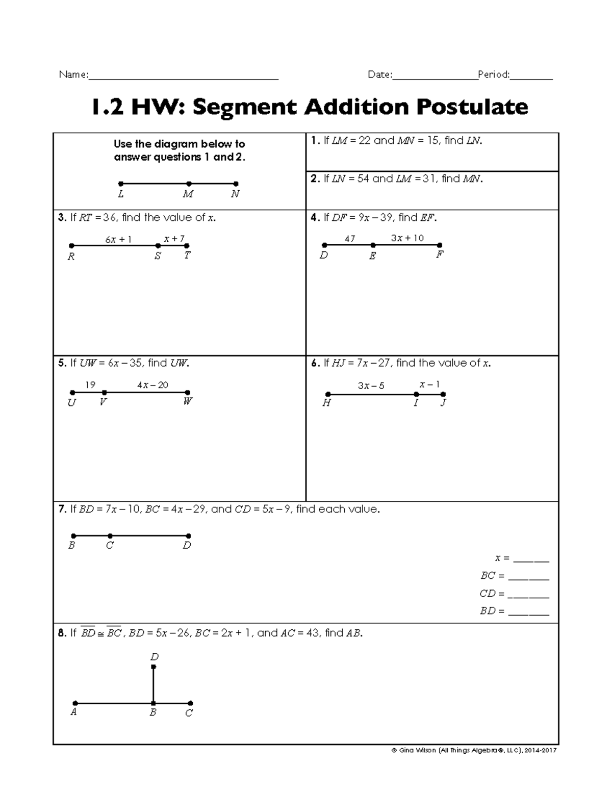 Geometry Basics Unit 1 Homework: Segment Addition Postulate - Name ...