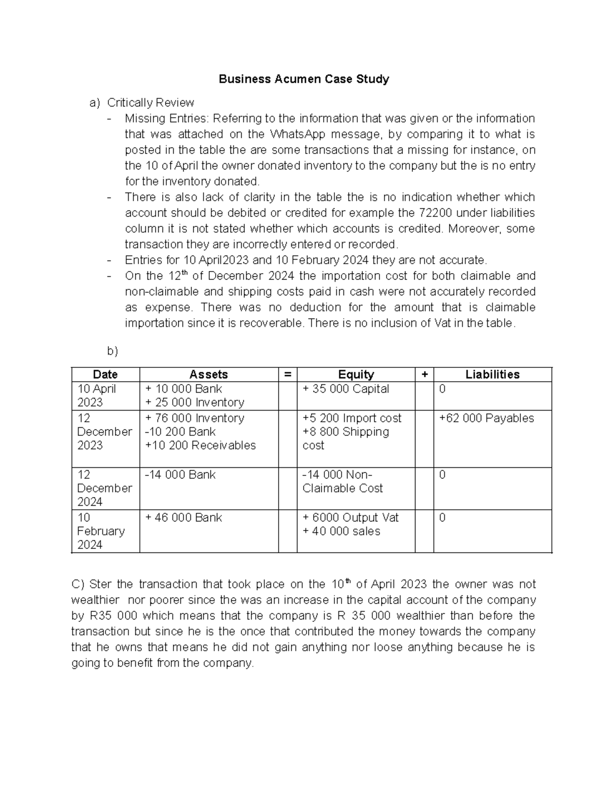 Business Acumen Case Study - There is also lack of clarity in the table the is no indication ...