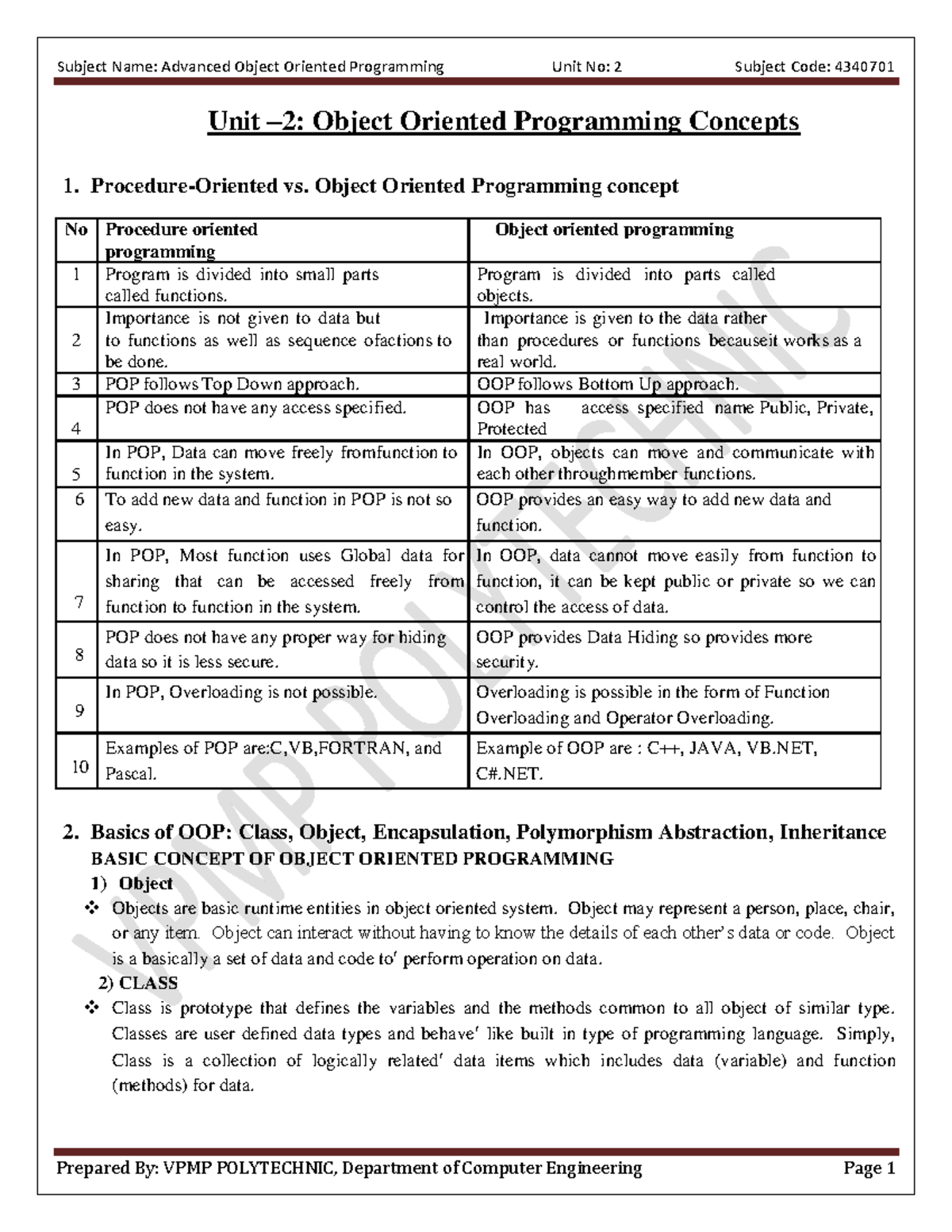 Advanced Object Oriented Programming Concepts - Unit 2 (Code: 4340701 ...