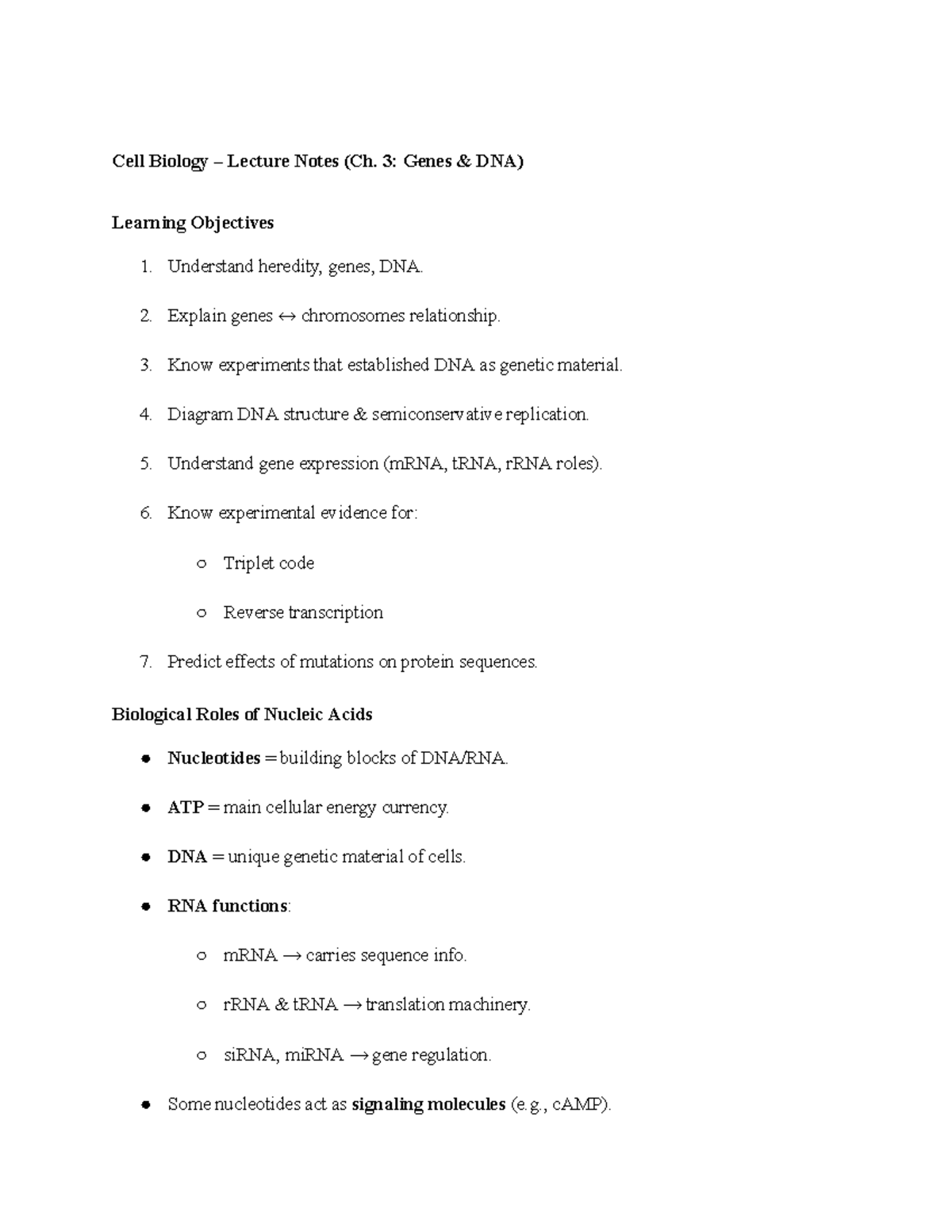 Cell Biology – Lecture Notes (Ch. 3: Genes & DNA) - Studocu