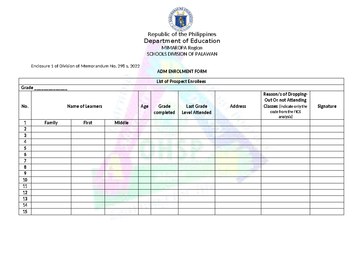 ADM enrollment form - ADM Enrolment - Republic of the Philippines ...