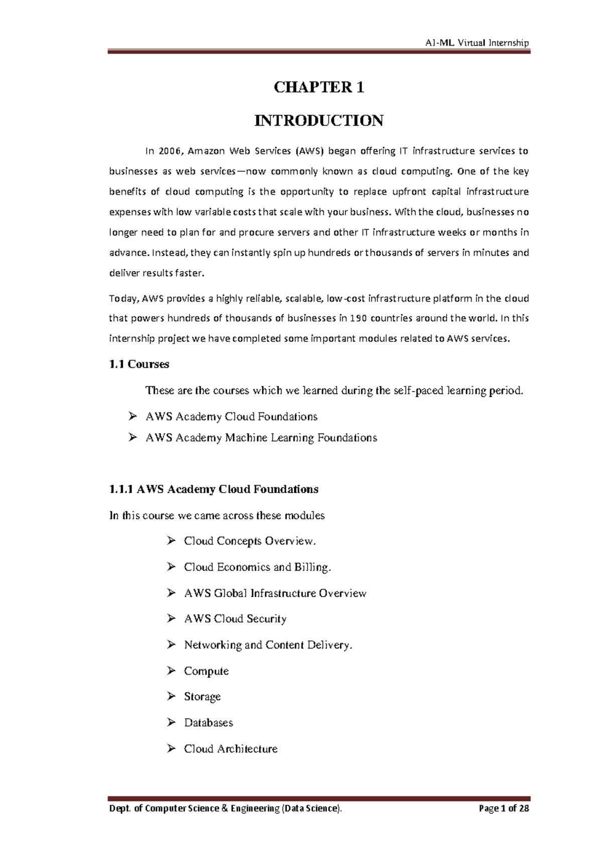 AWS Internship Report on Cloud Computing & Machine Learning Courses - Studocu