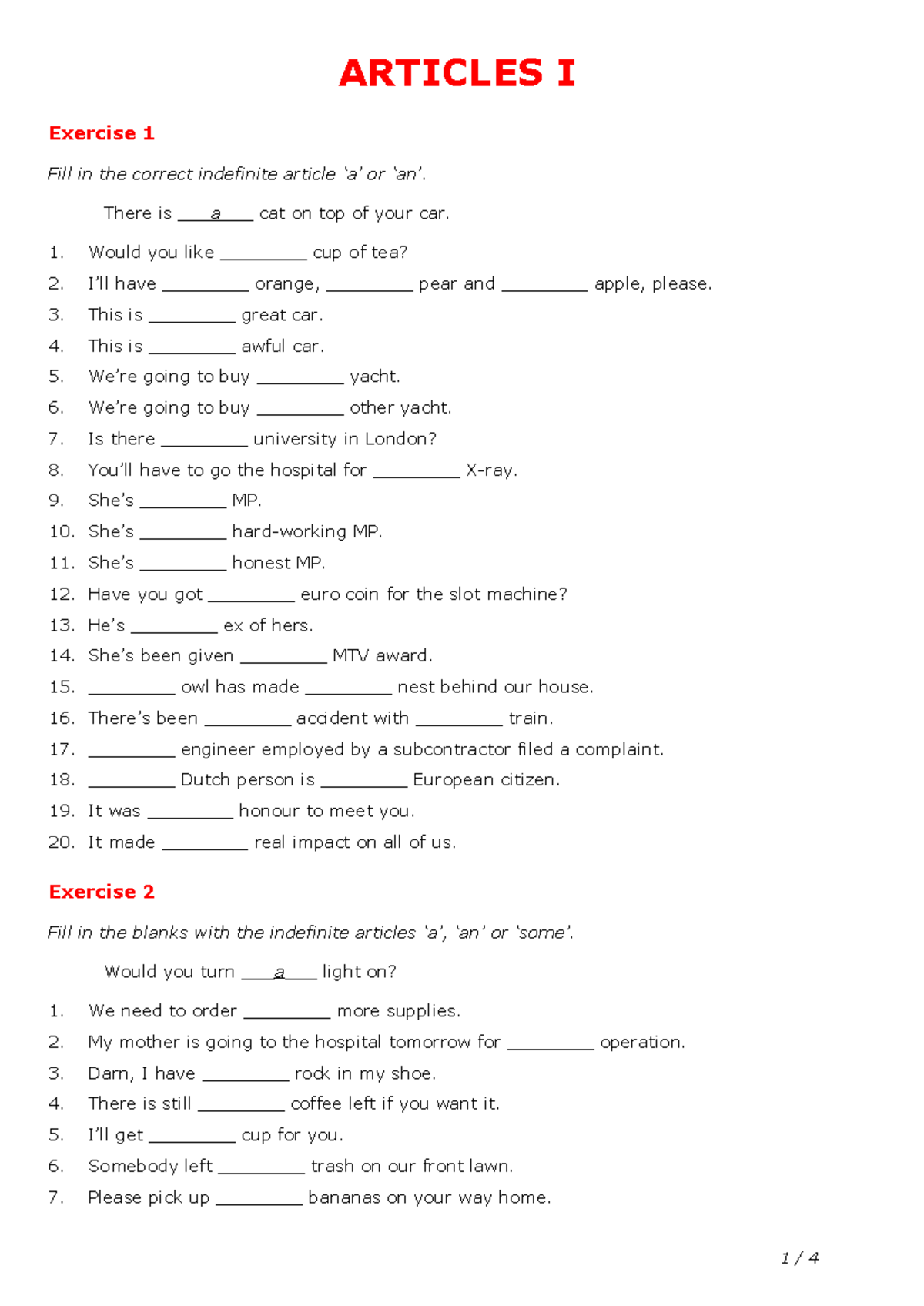 Articles Tests 90117 - Indefinite Article Exercises - Studocu