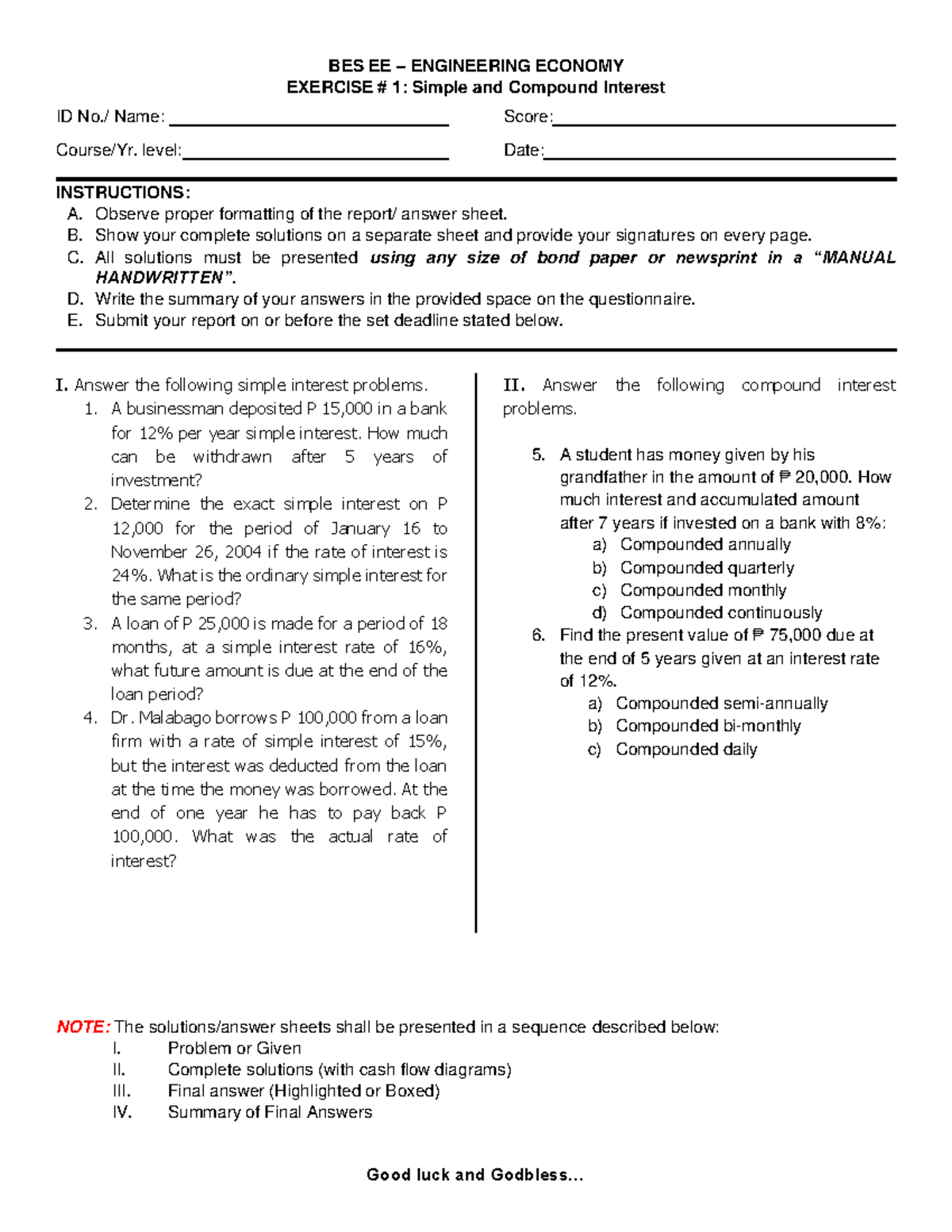 BES EE Exercise No. 1: Simple and Compound Interest Solutions - Studocu