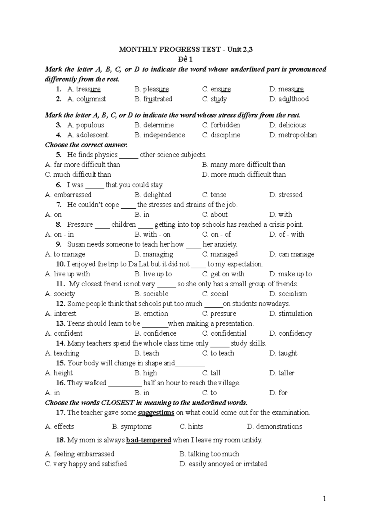 Monthly Progress TEST - Unit 2,3 (Đề 1) - MONTHLY PROGRESS TEST - Unit ...